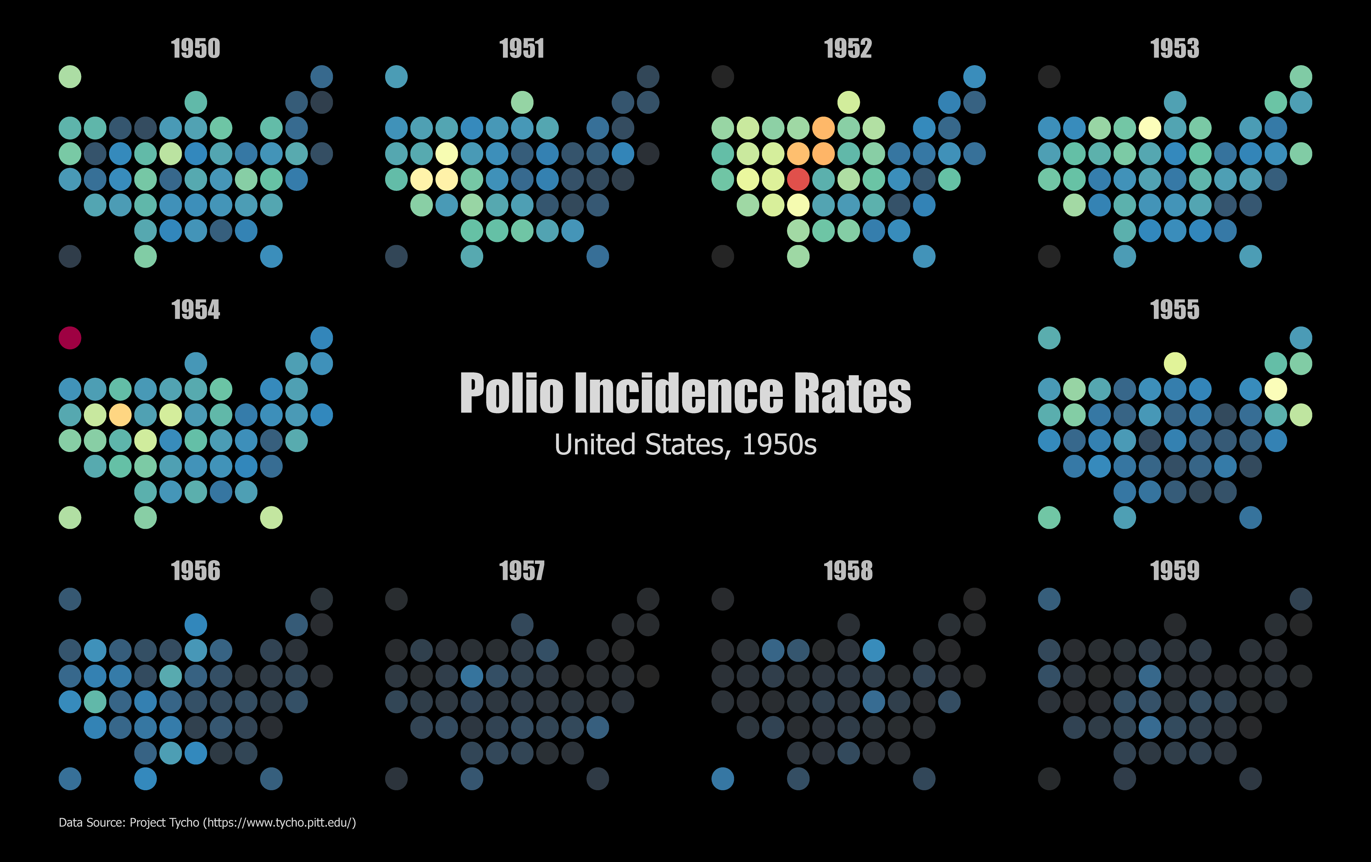 A map of Polio incidence rates over time (small multiples) | Ilfat Galiev